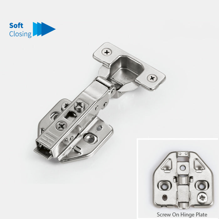 105 Degree Full Overlay Soft Closing Hinge (M8 Dowels on Cup | Screw O